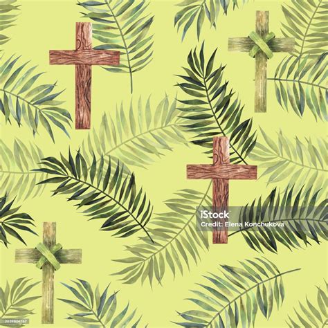 부활절 또는 세례 초대장 종려 일요일 장식에 대 한 나무 십자가와 귀여운 수채화 인쇄 부활절 디자인을 위한 완벽 한 기독교 테마 패턴입니다 녹색 라임 배경 건강관리와 의술에
