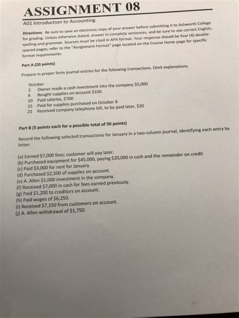 Solved Assignment 08 A01 Introduction To Accounting
