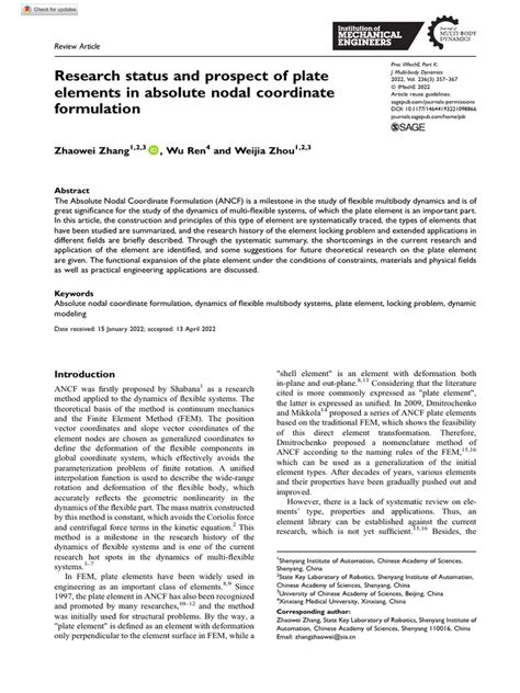 Zhang Et Al 2022 Research Status And Prospect Of Plate Elements In Absolute Nodal Coordinate