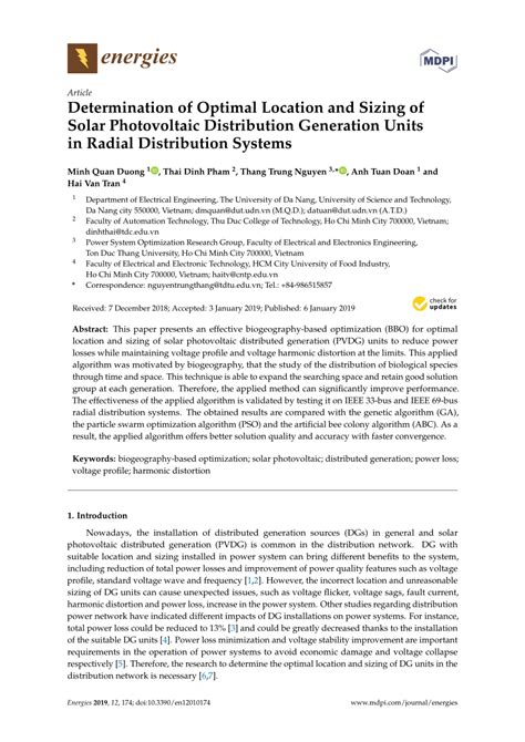 Pdf Determination Of Optimal Location And Sizing Of Solar Photovoltaic Distribution Generation