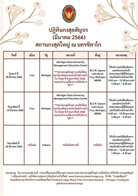 ปฏิทินกงสุลสัญจร สถานกงสุลใหญ่ ณ นครชิคาโก สำหรับเดือน มีนาคม 2566 สถานกงสุลใหญ่ ณ นครชิคาโก