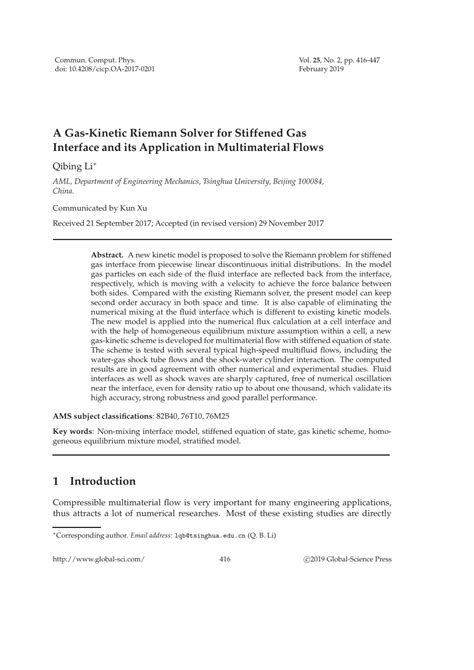 Pdf A Gas Kinetic Riemann Solver For Stiffened Gas Interface And Its Application In