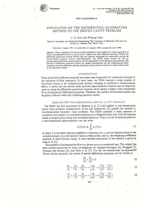 Pdf Application Of The Differential Quadrature Method To The Driven Cavity Problem