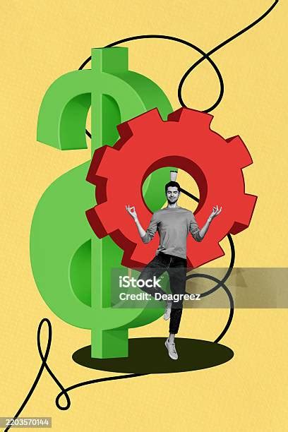 독점 이미지 세로 사진 콜라주 행복 사업가 스탠드 한쪽 다리 균형 커피 컵 요가 달러 수입 기어 이익 25 29세에 대한 스톡 사진 및 기타 이미지 Istock