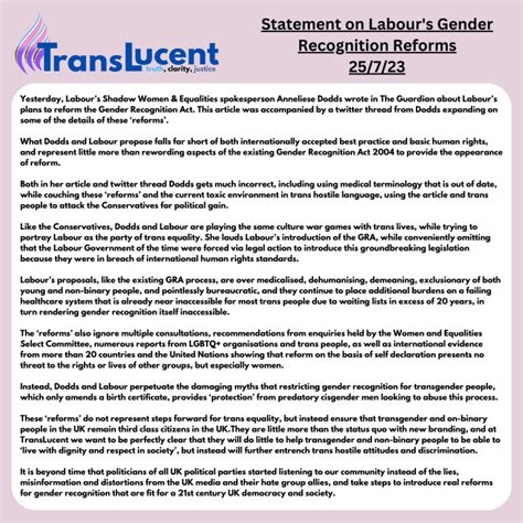 Statement On Labour S Proposed Gender Recognition Reforms Translucent