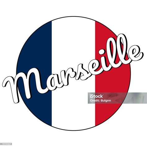 빨간색 흰색과 파란색 색상과 도시 이름의 비문 프랑스의 국기의 라운드 버튼 아이콘 현대적인 스타일의 마르세유 벡터 Eps10