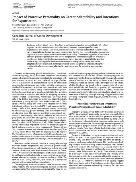 Impact Of Proactive Personality On Career Adaptability And Intentions For Expatriation 8 Pdf