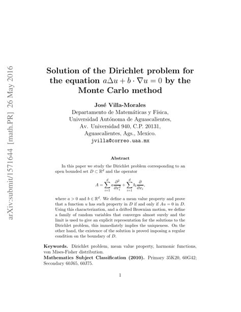 Pdf Solution Of The Dirichlet Problem For The Equation A∆u B · ∇u 0 By The Monte Carlo Method