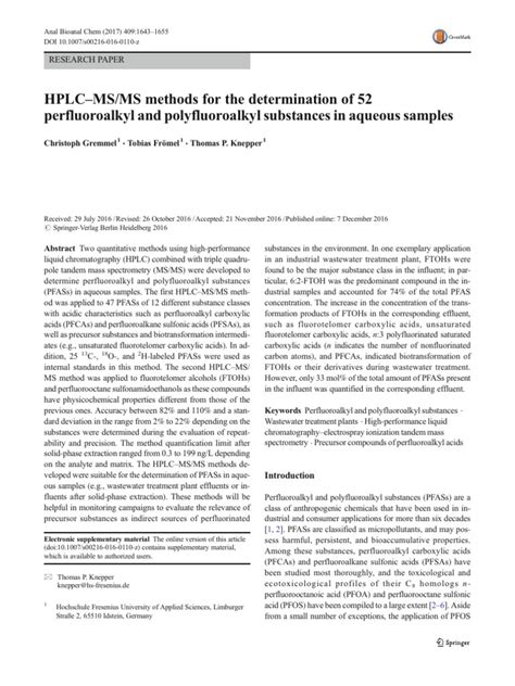Hplc Msms Methods For The Determination Of 52 Perfluoroalkyl And