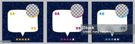 진한 파란색 배경에 고객 피드백 평가 또는 리뷰 인용문을 위한 말풍선이 있는 세 가지 템플릿 세트입니다 따옴표가 있는 빈 말풍선 프레임과 따옴표를 위한 복사 공간 개념에