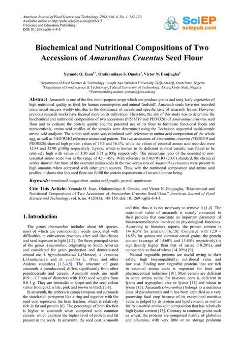 Pdf Biochemical And Nutritional Compositions Of Two Accessions Of Amaranthus Cruentus Seed Flour