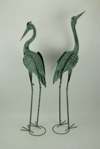 Verdigris Patina Metal Heron Birds Coastal Decor Statue Set Of 2 One