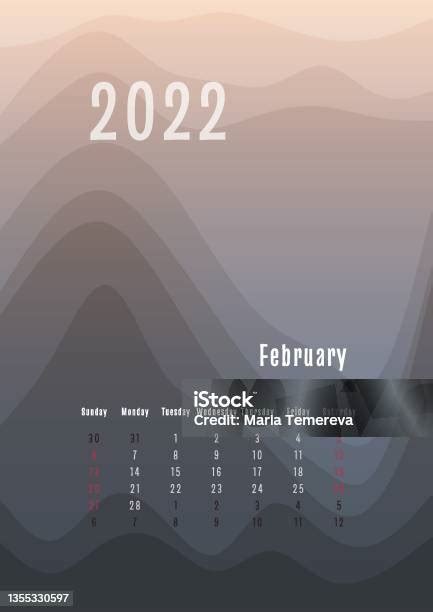 2022 년 2 월 수직 달력 매월 별도로 월별 개인 플래너 템플릿 피크 실루엣 추상그라데이 컬러풀 한 배경 인쇄 및 디지털 디자인 2022년에 대한 스톡 벡터 아트 및