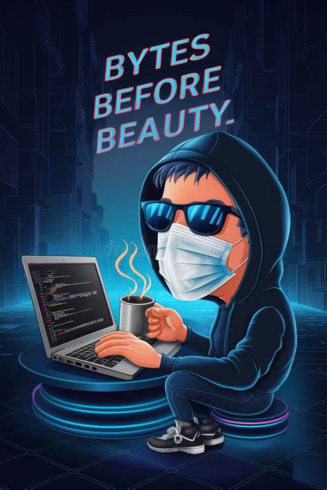 A Cartoon Hacker Character With A Face Mask Sitting With Laptop