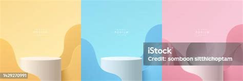3d 분홍색 노란색 파란색 및 흰색 현실적인 실린더 스탠드 연단과 물결 모양의 레이어 배경의 세트 벡터 기하학적 형태 추상 최소 벽 장면 제품 무대 쇼케이스 프로모션
