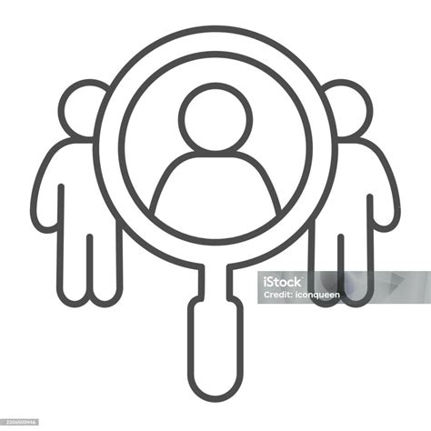 돋보기와 남자 얇은 선 아이콘 디자인 모집 개념 벡터 그래픽입니다 구직 후보자 흰색 배경에 인간 의지 기호 모바일 또는 웹 디자인을위한 개요 스타일 아이콘을 검색합니다