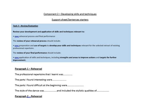 Btec Tech Award Performing Arts New Spec 2022 Support Sheet For