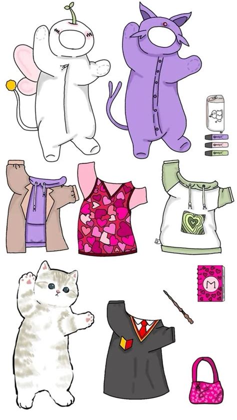 Бумажные котики с одеждой для распечатки Скачивайте рисунки милых котиков в блоге Mimipic