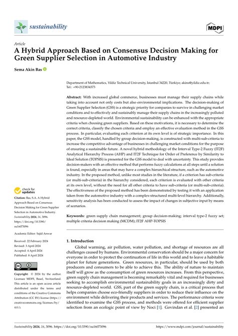 Pdf A Hybrid Approach Based On Consensus Decision Making For Green Supplier Selection In