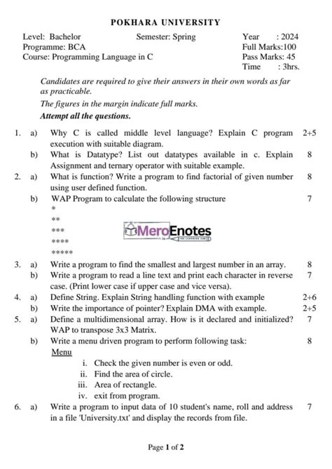 Pokhara University Bca Programming In C Question Paper 2nd Semester Mero Enotes