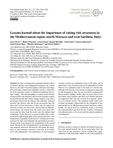 Pdf Lessons Learned About The Importance Of Raising Risk Awareness In The Mediterranean Region