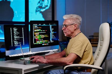Premium Photo Side View Of Mature Male It Manager Looking At Laptop