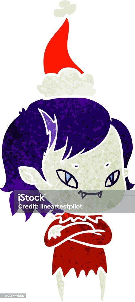 산타 모자를 쓴 친절한 뱀파이어 소녀의 손으로 그린 복고풍 만화 귀여운에 대한 스톡 벡터 아트 및 기타 이미지 귀여운 낙서 드로잉 등장인물 Istock