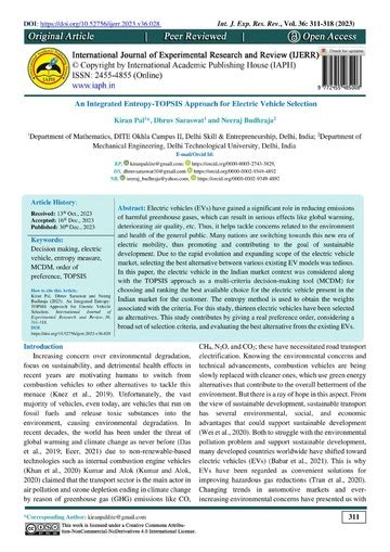 An Integrated Entropy Topsis Approach For Electric Vehicle Selection International Journal Of
