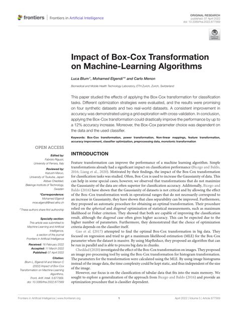 Pdf Impact Of Box Cox Transformation On Machine Learning Algorithms