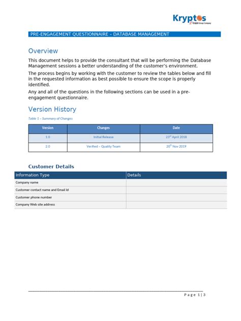 Pre Engagement Questionnaire Database Management V20 Pdf Databases