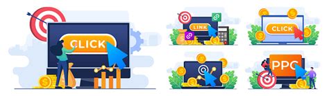 현대 평면 일러스트레이션 세트 클릭 당 지불 개념 유료 광고 캠페인 Ppc 광고 또는 광고 청중에게 브랜드 홍보 인터넷 마케팅 컬렉션 마우스 화살표에 대한 스톡 벡터 아트