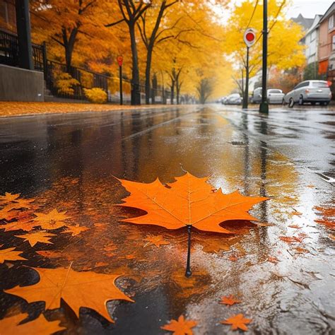 Premium Ai Image Maple Leaf In Puddles Of Rain On The Street In