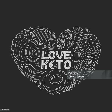 사랑 케토 손으로 그린 배너 케톤 생성 식품 저탄수화물 및 단백질 고지방 팔레오 다이어트 낙서 스타일로 건강한 식사 칠판에 분필 라인 아트 0명에 대한 스톡 벡터 아트 및