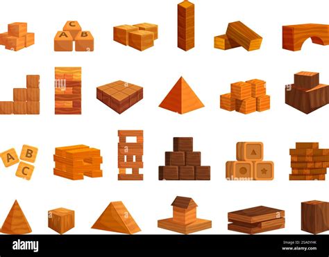 Wood Cube Block Icons Set Cartoon Vector Game Education Toy Arch