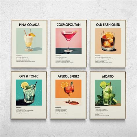 Set Of 6 Cocktail Prints Bar Cart Prints Classic Cocktail Wall Art