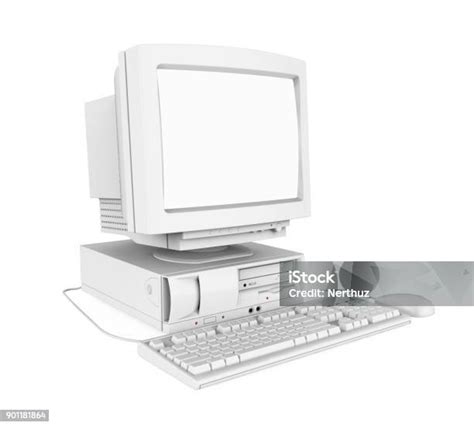 텅 빈 흰 스크린 모니터 키보드 및 마우스 절연으로 오래 된 데스크톱 컴퓨터 0명에 대한 스톡 사진 및 기타 이미지 0명 고풍스런 공란 Istock