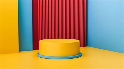 원형의 활기찬 빈 방 배경이 있는 현대적인 트렌디한 컬러 실린더 연단의 3d 렌더링 3차원 형태에 대한 스톡 사진 및 기타 이미지 3차원 형태 강단 개체 그룹