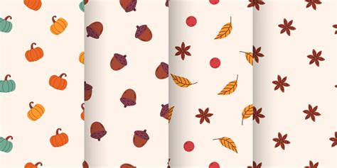 호박 도토리 잎 팔각으로 설정된 완벽한 가을 패턴 추수 감사절 계절별 가을 프로젝트 포장지 직물 등에 적합합니다 따뜻하고 아늑한 가을 분위기 수확 10월에 대한 스톡 벡터