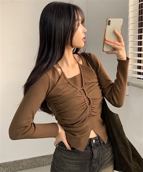 여리여리 셔링 홀터 라운드 긴팔 니트 에이블리