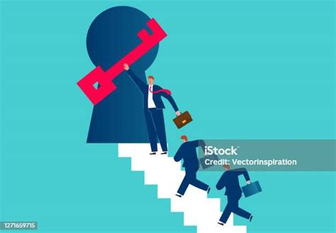 비즈니스 사람들은 성공의 열쇠를 들고 지도자를 따릅니다 개념에 대한 스톡 벡터 아트 및 기타 이미지 개념 곁쇠 계단 Istock