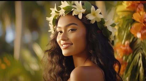 Premium Photo Beautiful Polynesian Woman With Flowers Generative Ai