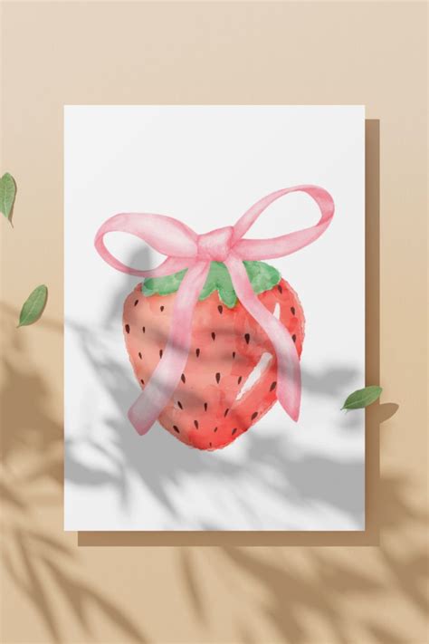 Coquette Pink Bow Strawberry Digital Wall Art Poster Cute Dorm Room Decor Trendy Printable