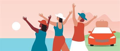 여성 친구 도로 여행에 도착의 기쁨을 축하 바다 풍경과 자동차와 플랫 벡터 스톡 일러스트 레이 션 개념에 대한 스톡 벡터 아트