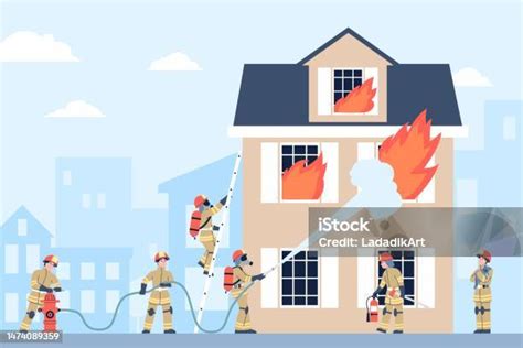 불이 붙은 집과 제복을 입은 소방관이 그것을 진압했습니다 화재 위험과 소방관이 구조를 위해 등반합니다 플랫 소방관 캐릭터 작업 최근 벡터 장면 소방관에 대한 스톡 벡터 아트