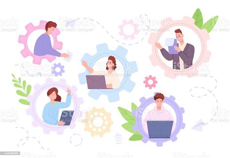 전담 개발자 사람들 기업 헌신 기계 기어 팀워크 커뮤니케이션 호기심 전문 개발 관리자 노력 작업 개념 벡터 일러스트 레이 션 개발에 대한 스톡 벡터 아트 및 기타 이미지