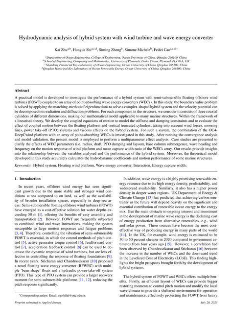 Pdf Hydrodynamic Analysis Of Hybrid System With Wind Turbine And Wave Energy Converter