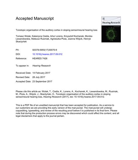 Pdf Tonotopic Organisation Of The Auditory Cortex In Sloping Sensorineural Hearing Loss
