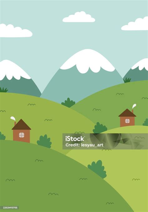 산 구름 들판 집이 있는 봄 또는 여름 풍경 플랫 스타일의 벡터 손으로 그린 그림 자연과 함께 아름 다운 만화 배경 카드 배너에