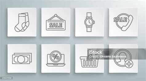 세트 라인 스택 지폐 현금 세일 기호 퍼센트 할인 및 노트북 쇼핑 바구니 계정 화면 만들기 손목 시계 전화 24 시간 지원 및 양말 아이콘 벡터 0명에 대한 스톡 벡터 아트