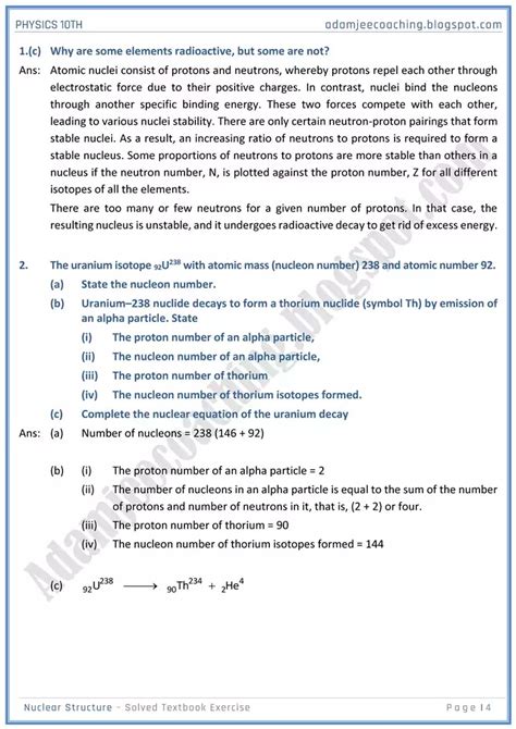 Adamjee Coaching Nuclear Structure Solved Textbook Exercise Physics 10th
